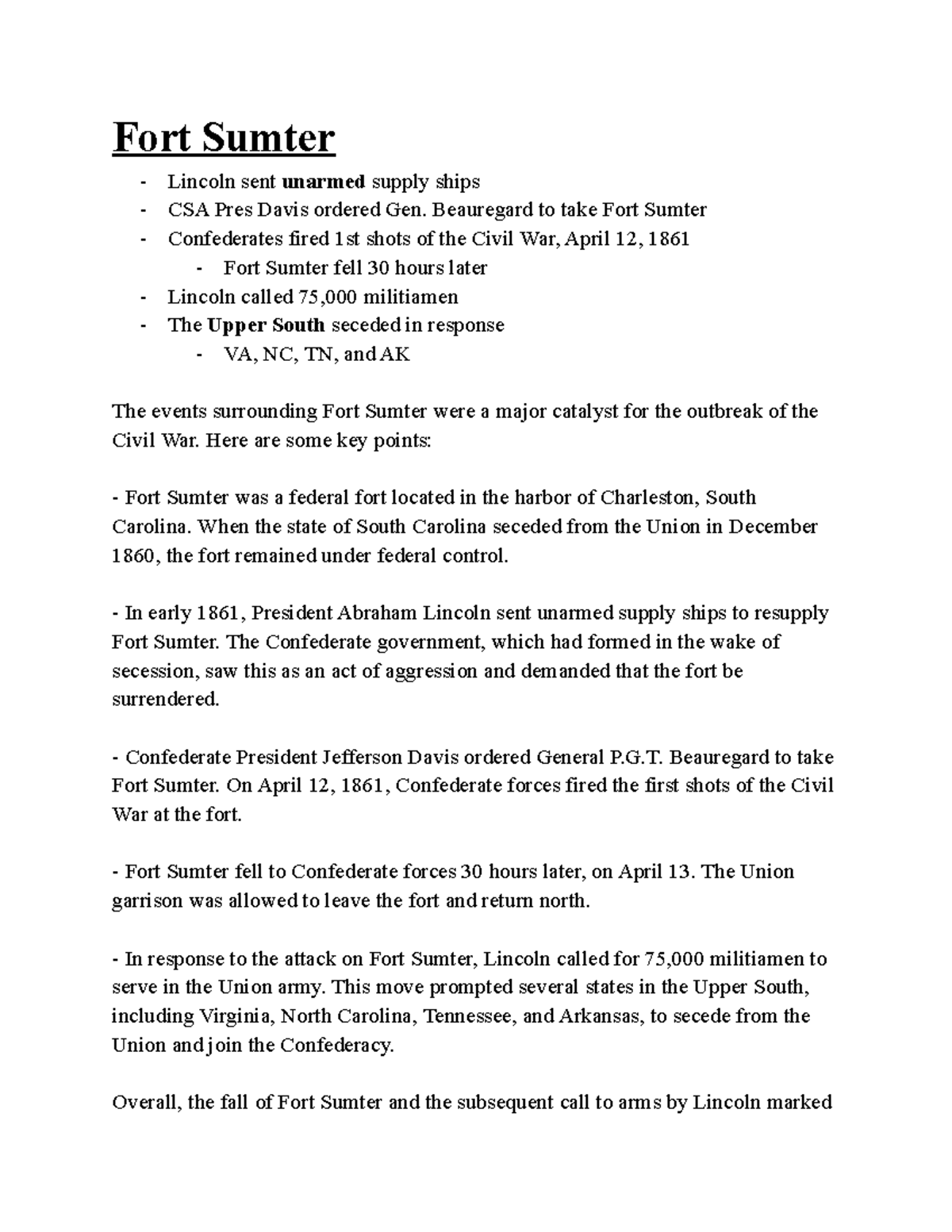 111111 Fort Sumter key questions - Fort Sumter Lincoln sent unarmed ...