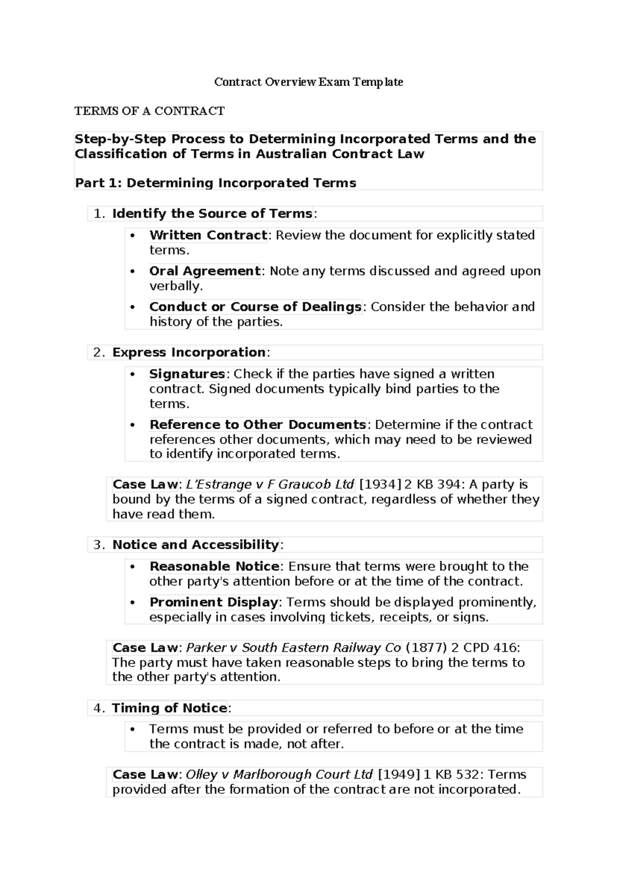 Contract Law (LLB260) Overview Exam Template - Structure for Answering ...