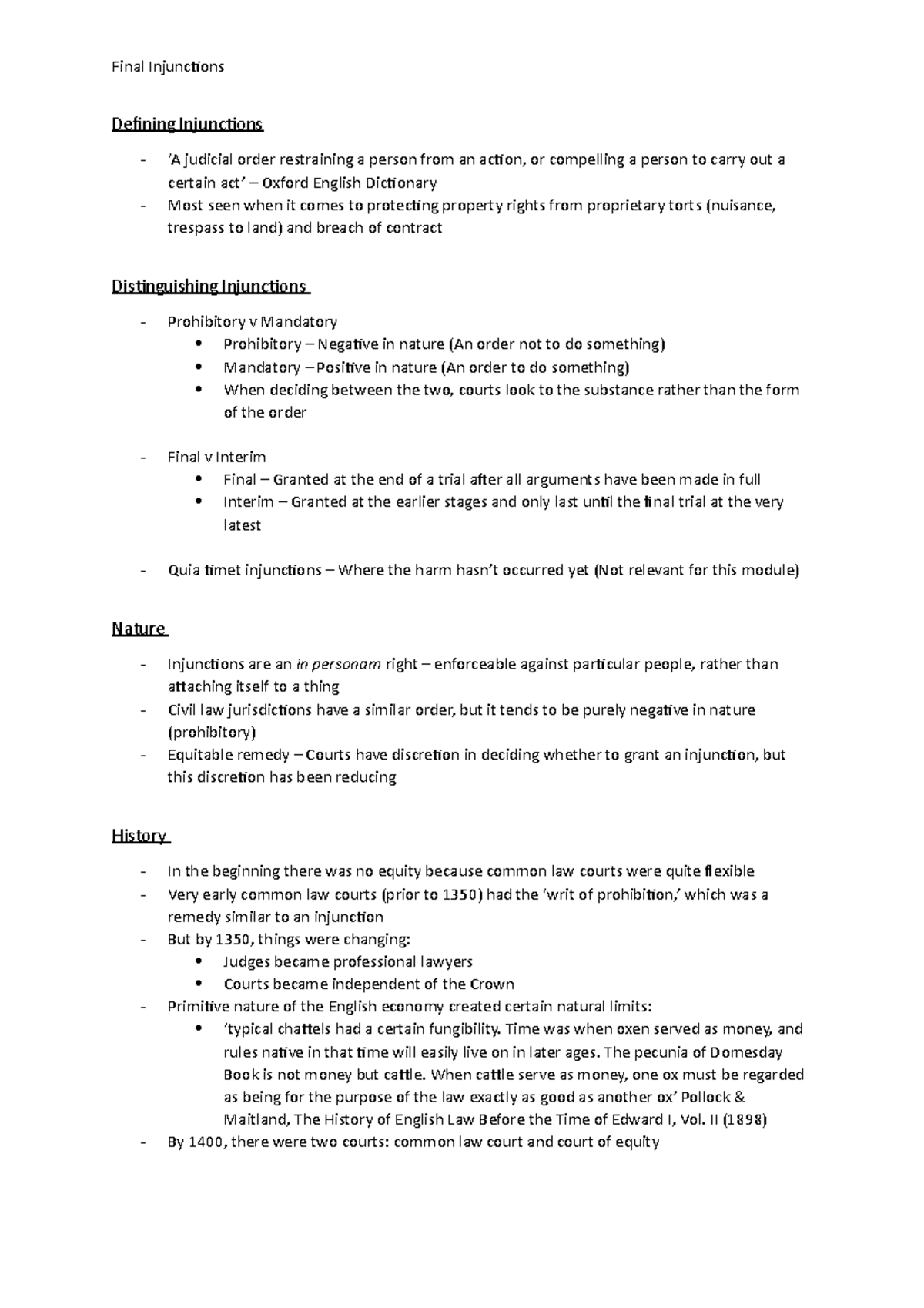 Final Injunctions - Lecture notes - Defining Injunctions ‘A judicial ...