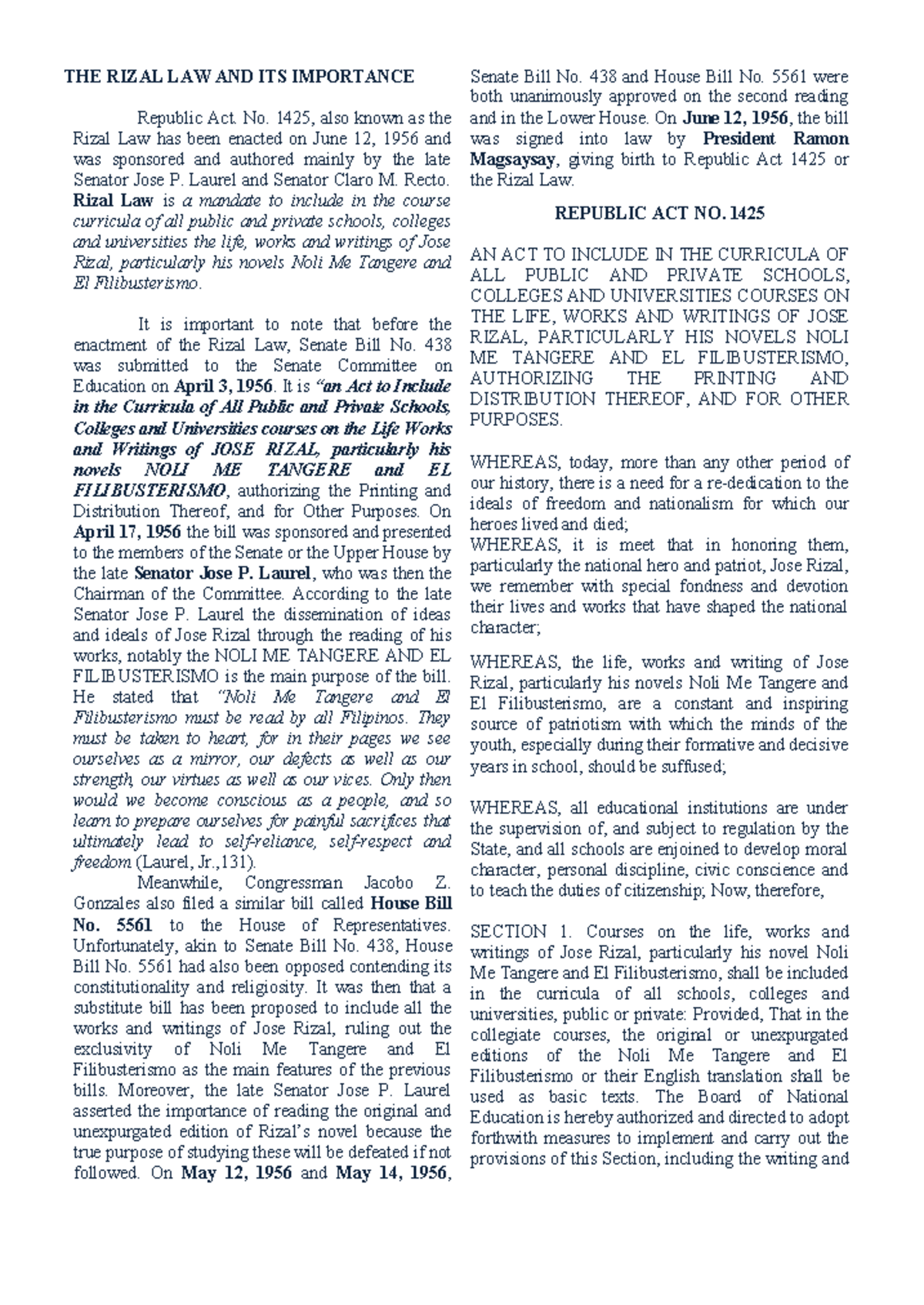 RA-1425 - GEC - THE RIZAL LAW AND ITS IMPORTANCE Republic Act. No. 1425 ...