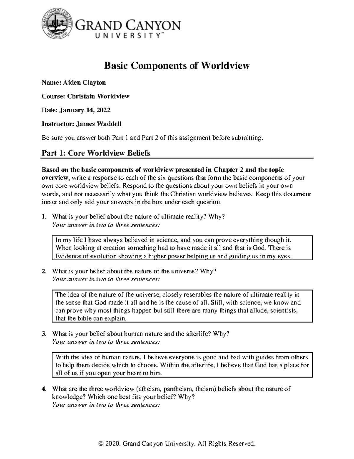 CWV-101-Basic Components Of Worldview - © 2020. Grand Canyon University ...