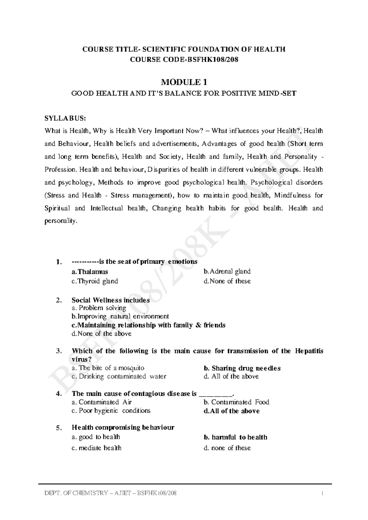 SFH - Module 1 MCQ - ... - COURSE TITLE- SCIENTIFIC FOUNDATION OF ...
