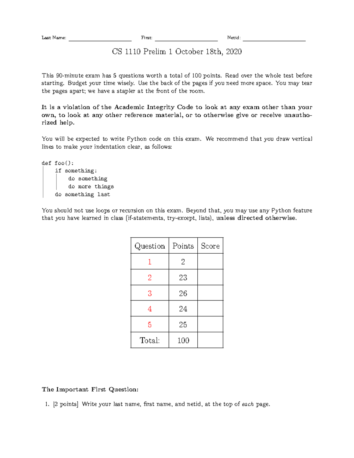 2020 fall prelim 1 answers - CS 1110 Prelim 1 October 18th, 2020 This ...