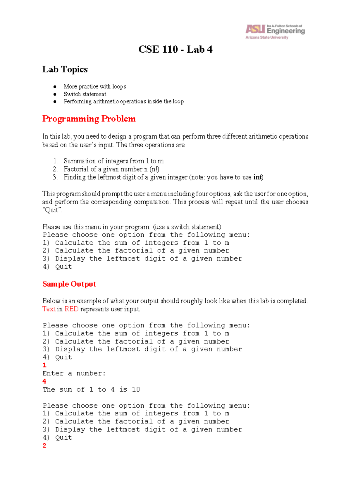 Lab4 - Lab4 - CSE 110 - Lab 4 Lab Topics More practice with loops Switch statement Performing ...