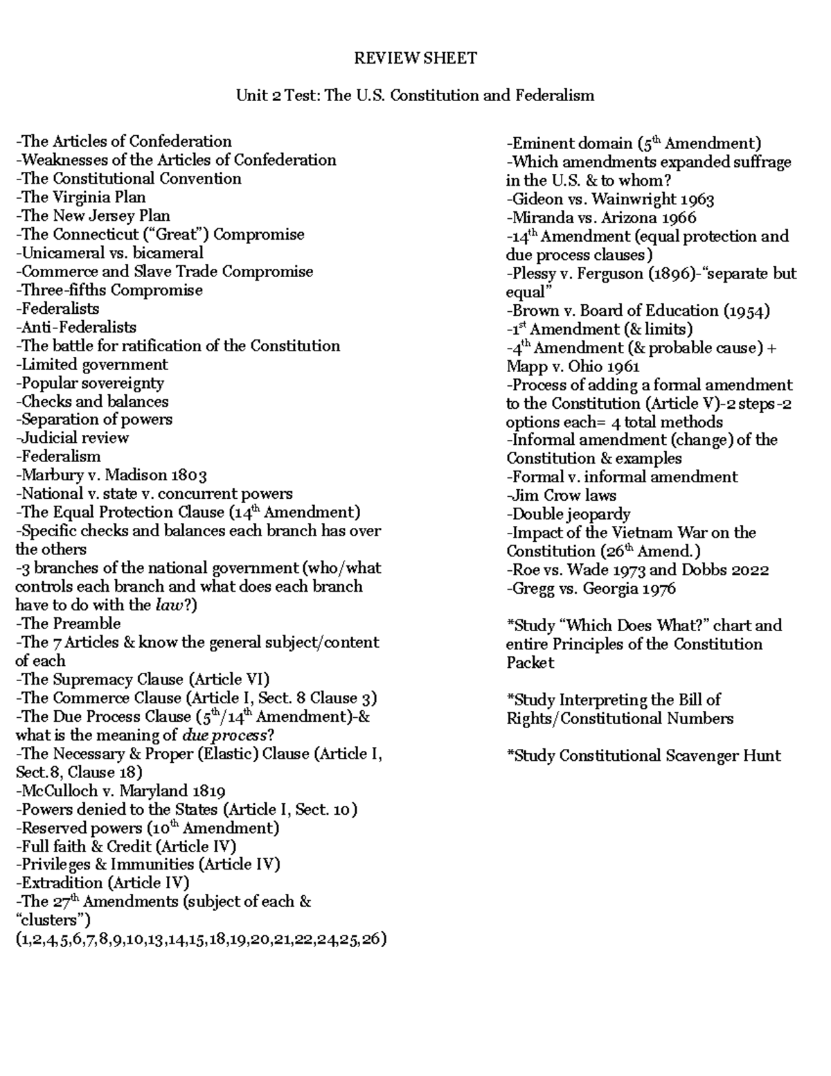 Govt Unit 2Test Review Sheet Constitutionand Federalism - REVIEW SHEET ...