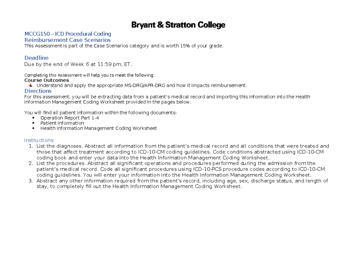 MCCG150 Reimbursement Case Scenarios - MCCG150 – ICD Procedural Coding Reimbursement Case ...