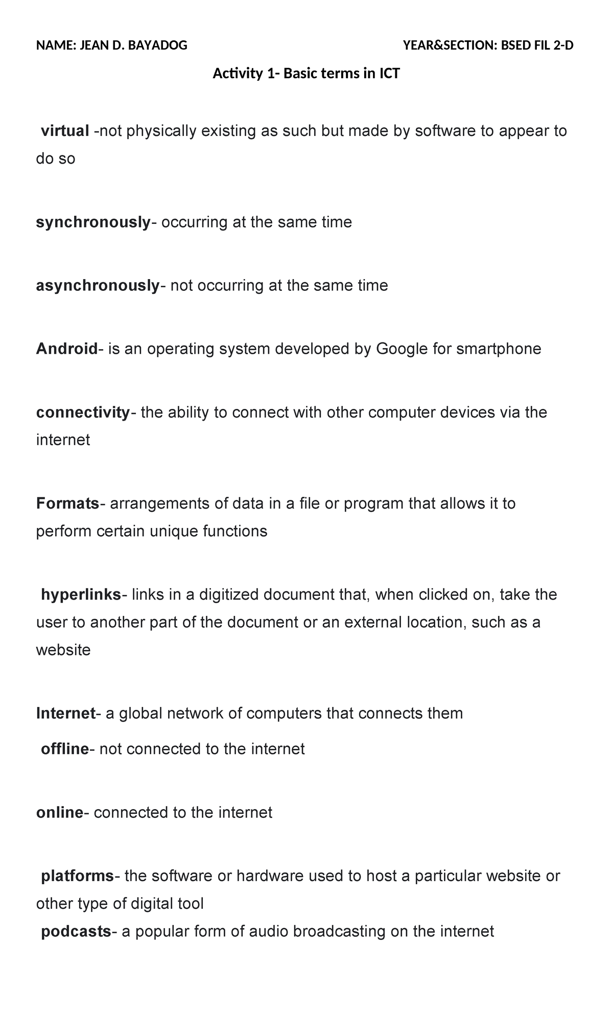 Activity 1- Basic terms in ICT - NAME: JEAN D. BAYADOG YEAR&SECTION ...