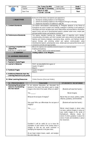 English 10 Q3 Week 7 - ENG 10 Lesson - W Learning Area English Grade Level Grade 10 Quarter ...