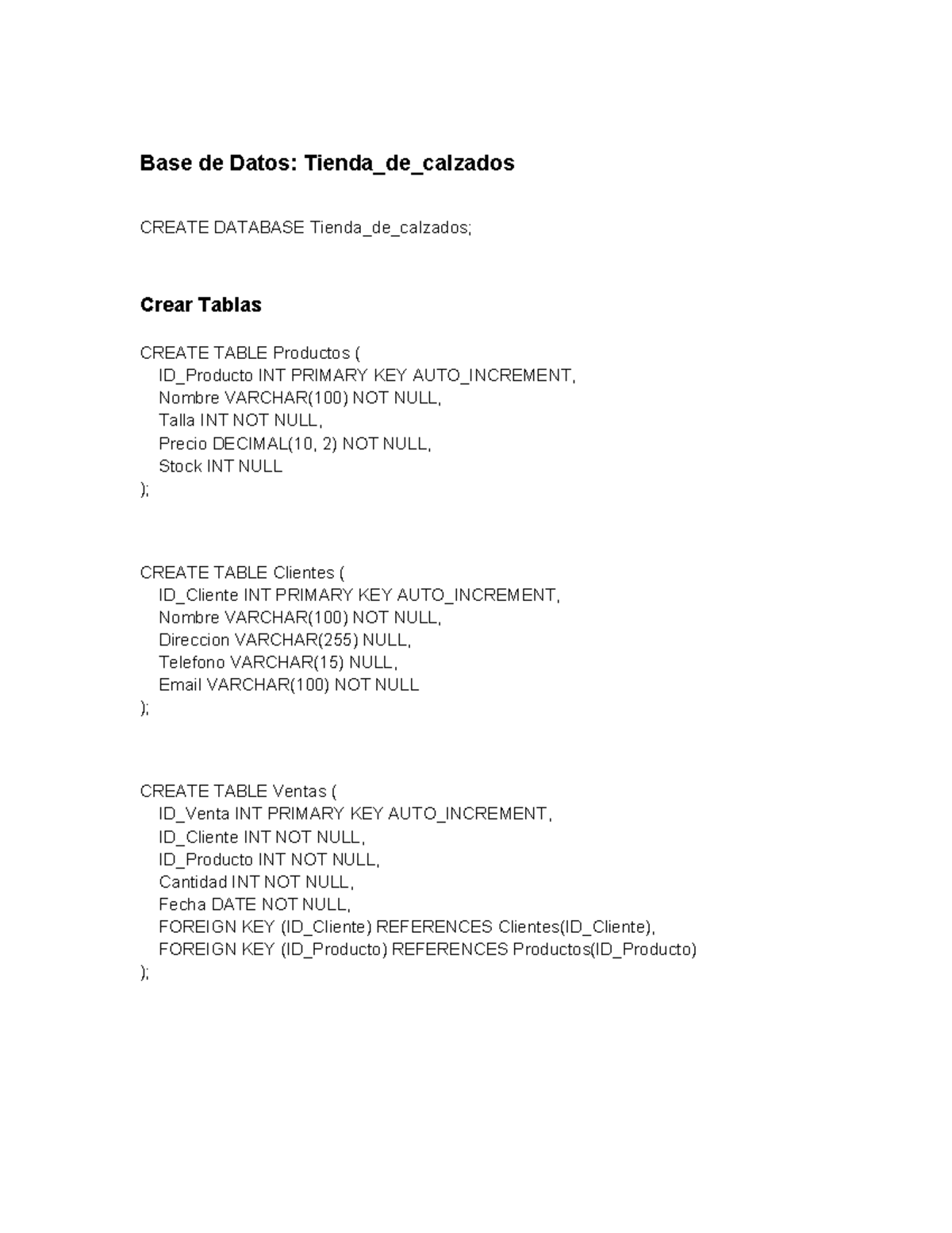 Tienda de calzados ejemplo - Base de Datos: Tienda_de_calzados CREATE DATABASE Tienda_de ...