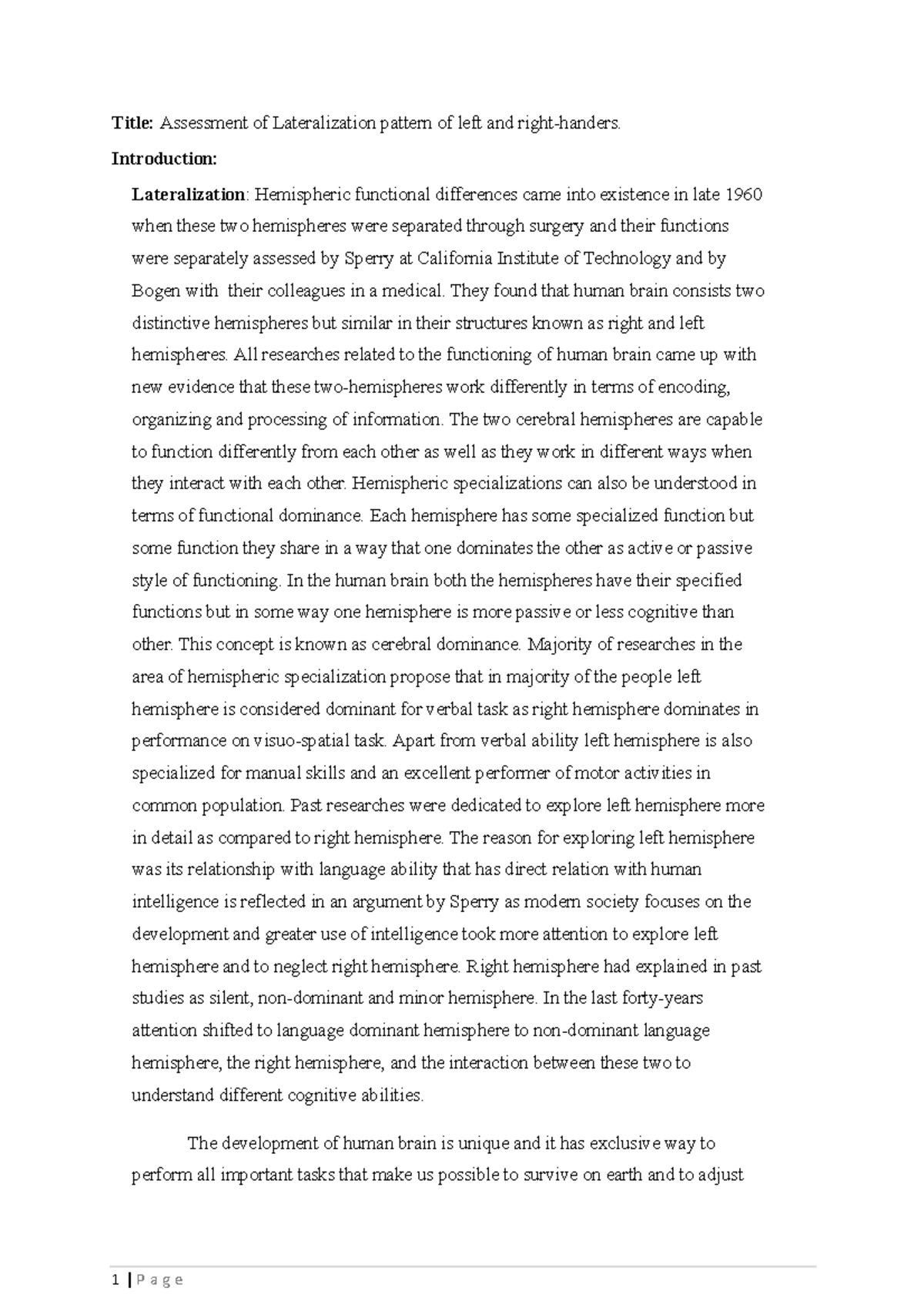 Laterality Practical - Title: Assessment of Lateralization pattern of ...