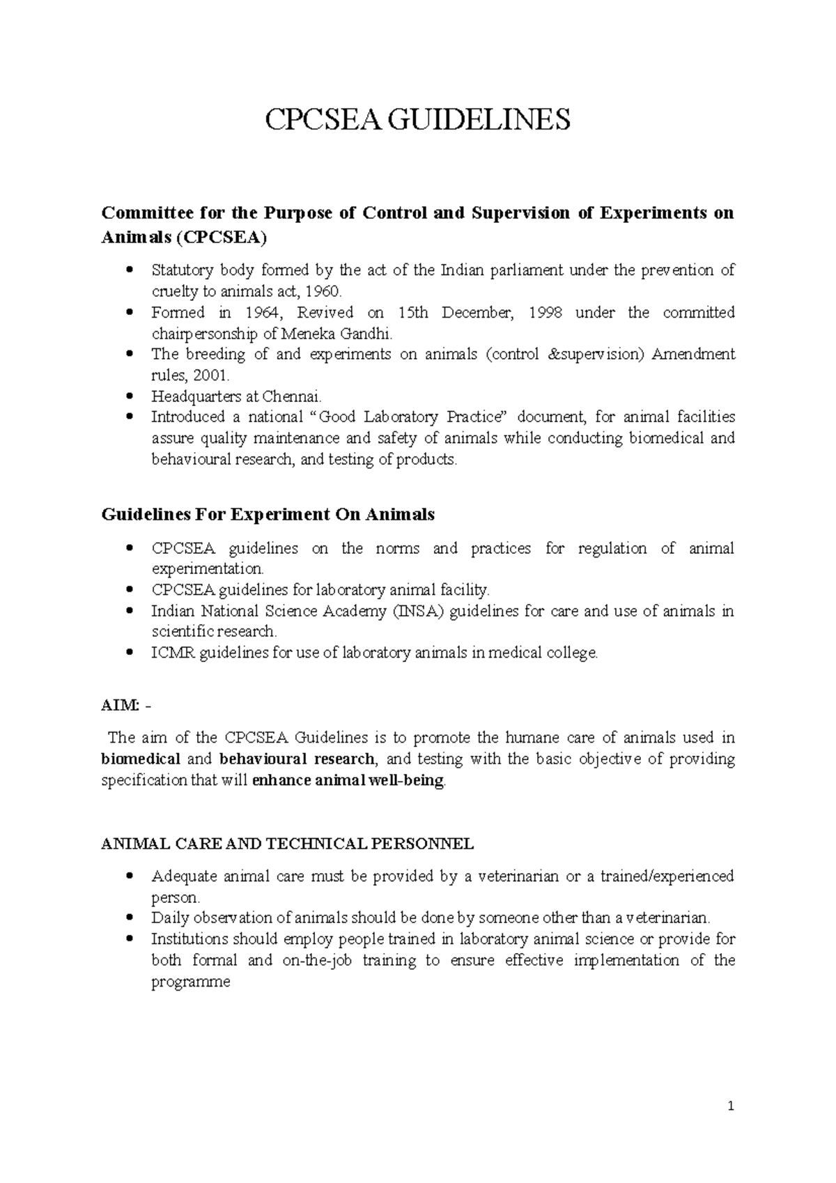 Cpcsea Guidelines Notes BY AVIN - CPCSEA GUIDELINES Committee for the ...