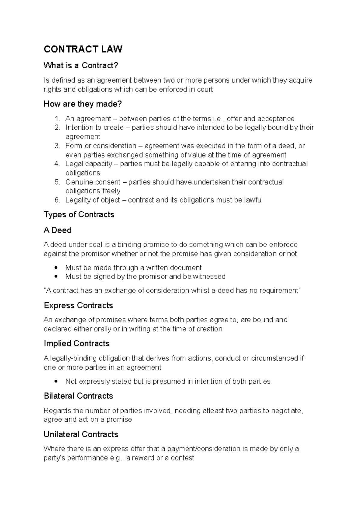 Contract LAW - NOTES - BSL165 - Murdoch - Studocu