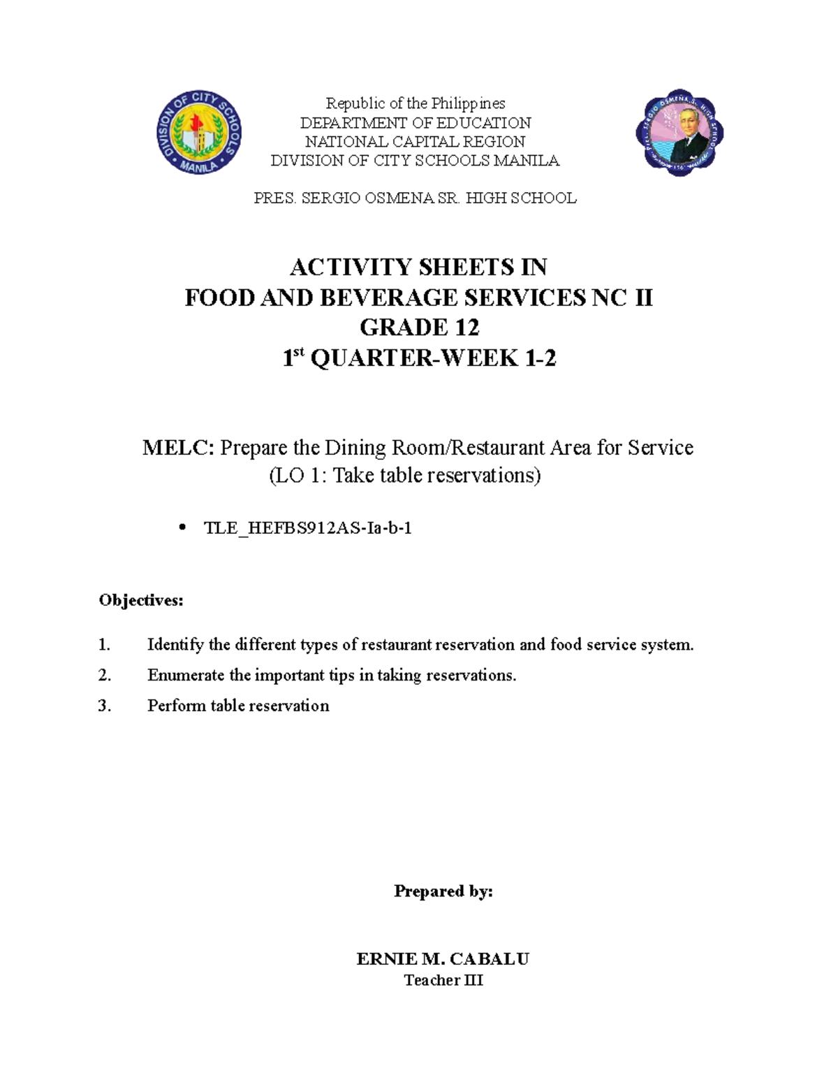 FBS Activity Sheet - FBS reading materials - Republic of the ...