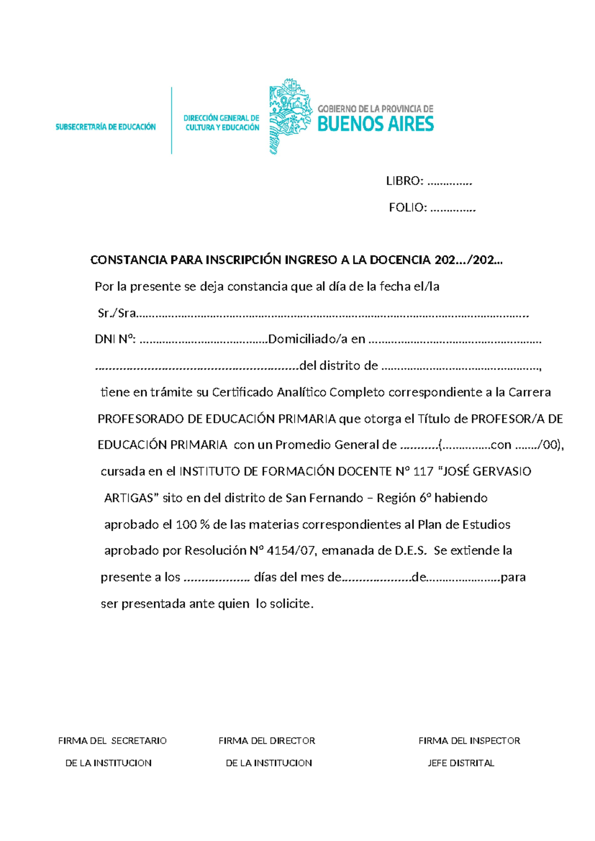 Ingreso A LA Docencia Primaria - LIBRO: .............. FOLIO ...