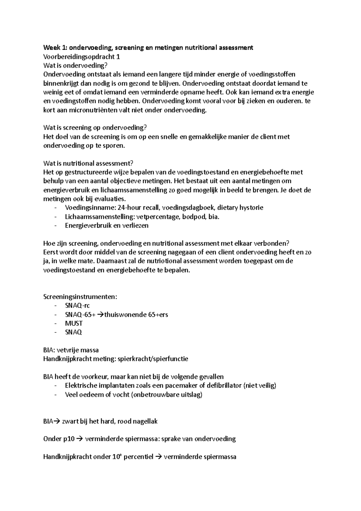 Voorbereidingsopdrachten DH - Week 1: ondervoeding, screening en ...
