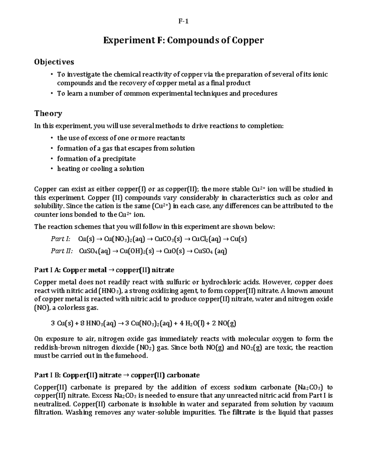 101 - F - Compounds of Copper - Experiment F: Compounds of Copper ...