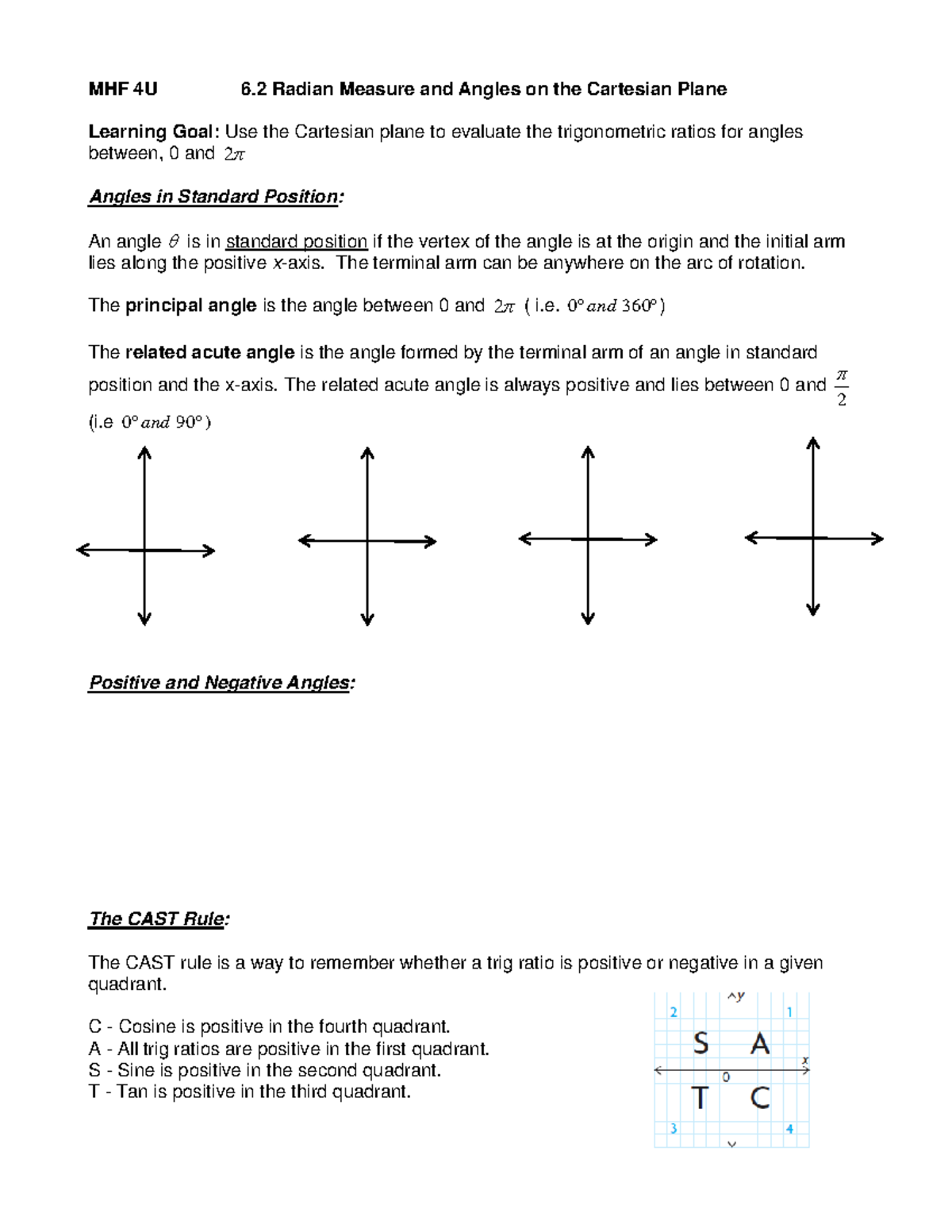6.2 Radian Measure and angles on the Cartesian Plane June 2020 - MHF 4U ...