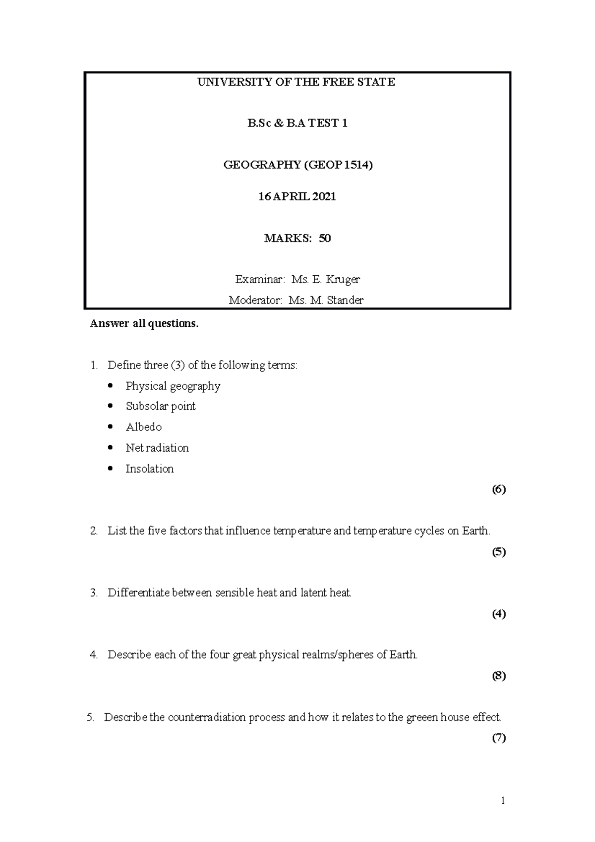 Toets 1-2021 - Past papers - UNIVERSITY OF THE FREE STATE B & B TEST 1 ...