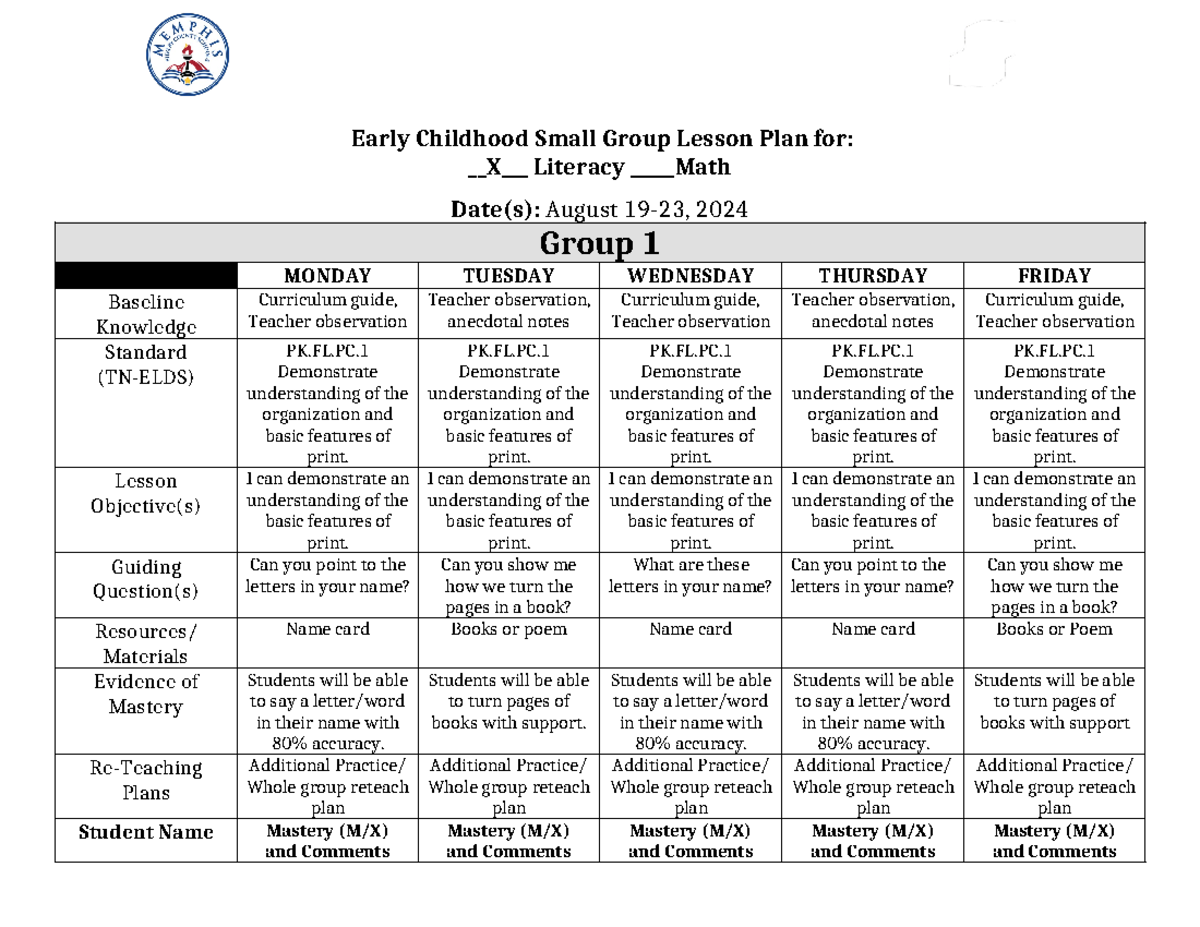 Lesson Plan august 19 literacy - Early Childhood Small Group Lesson ...