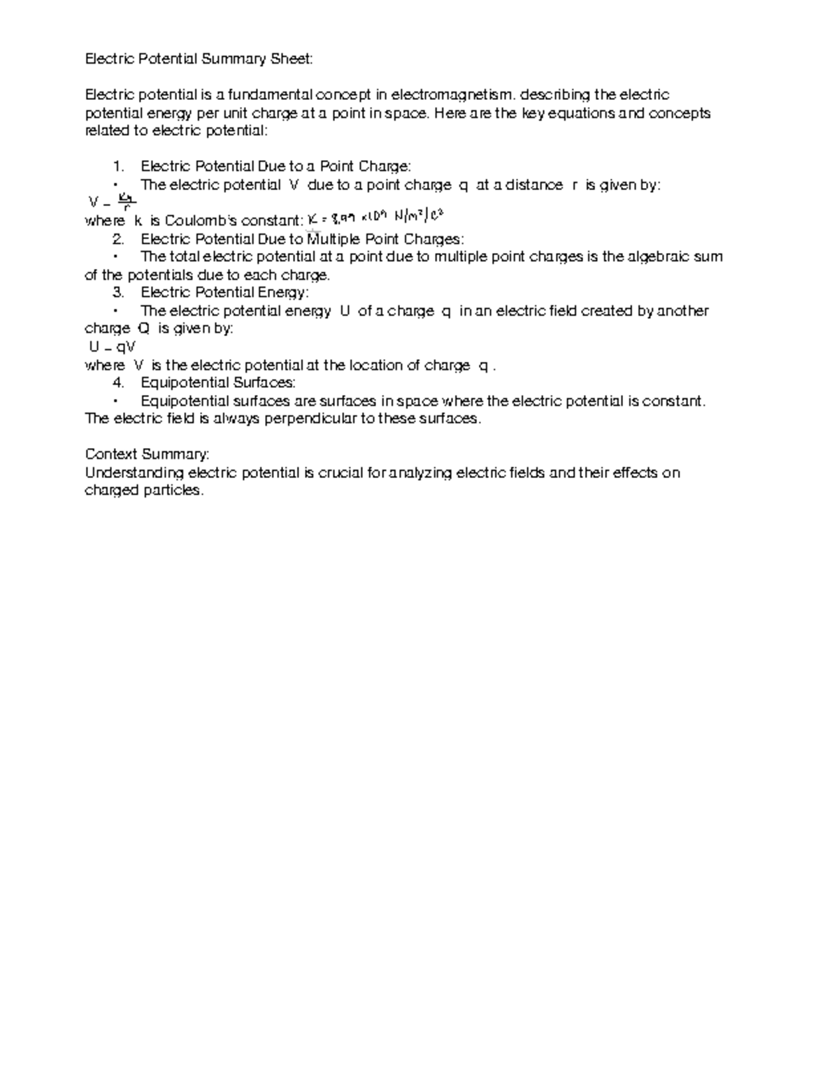 Sum sheet 2 - Notes - Electric Potential Summary Sheet: Electric ...