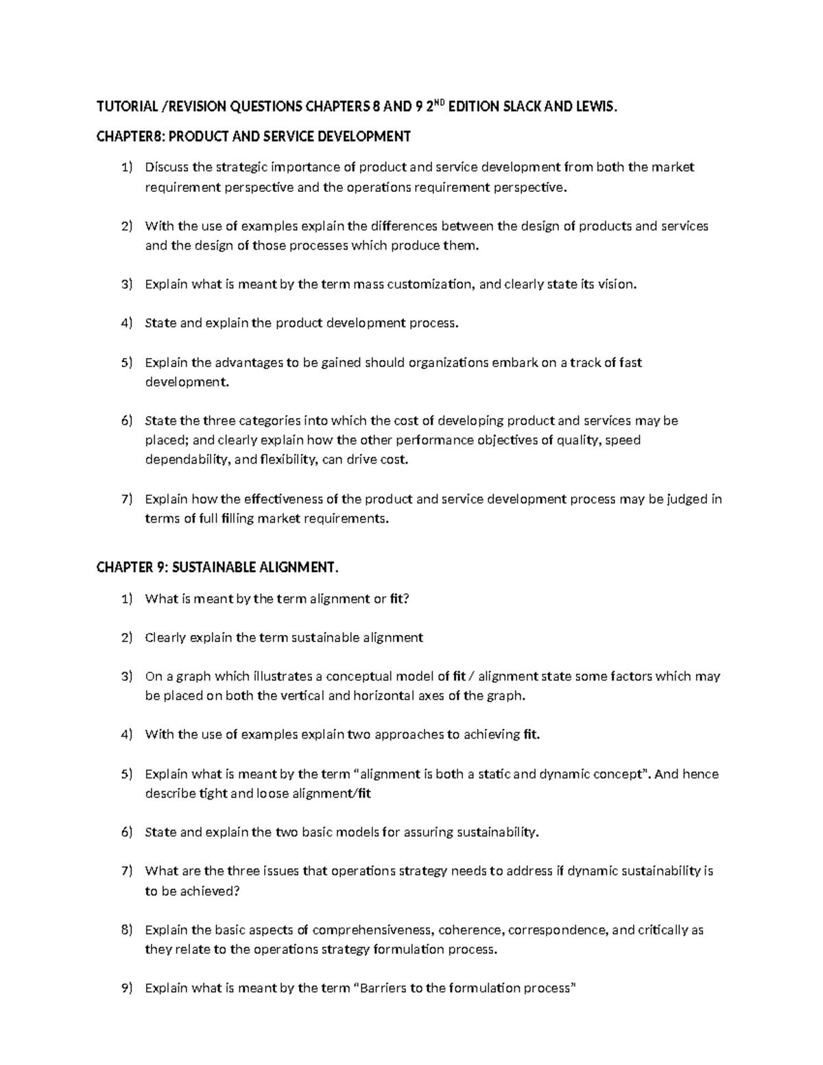 Tutorial Questions CHAP 8 AND 9 - TUTORIAL /REVISION QUESTIONS CHAPTERS 8 AND 9 2ND EDITION ...