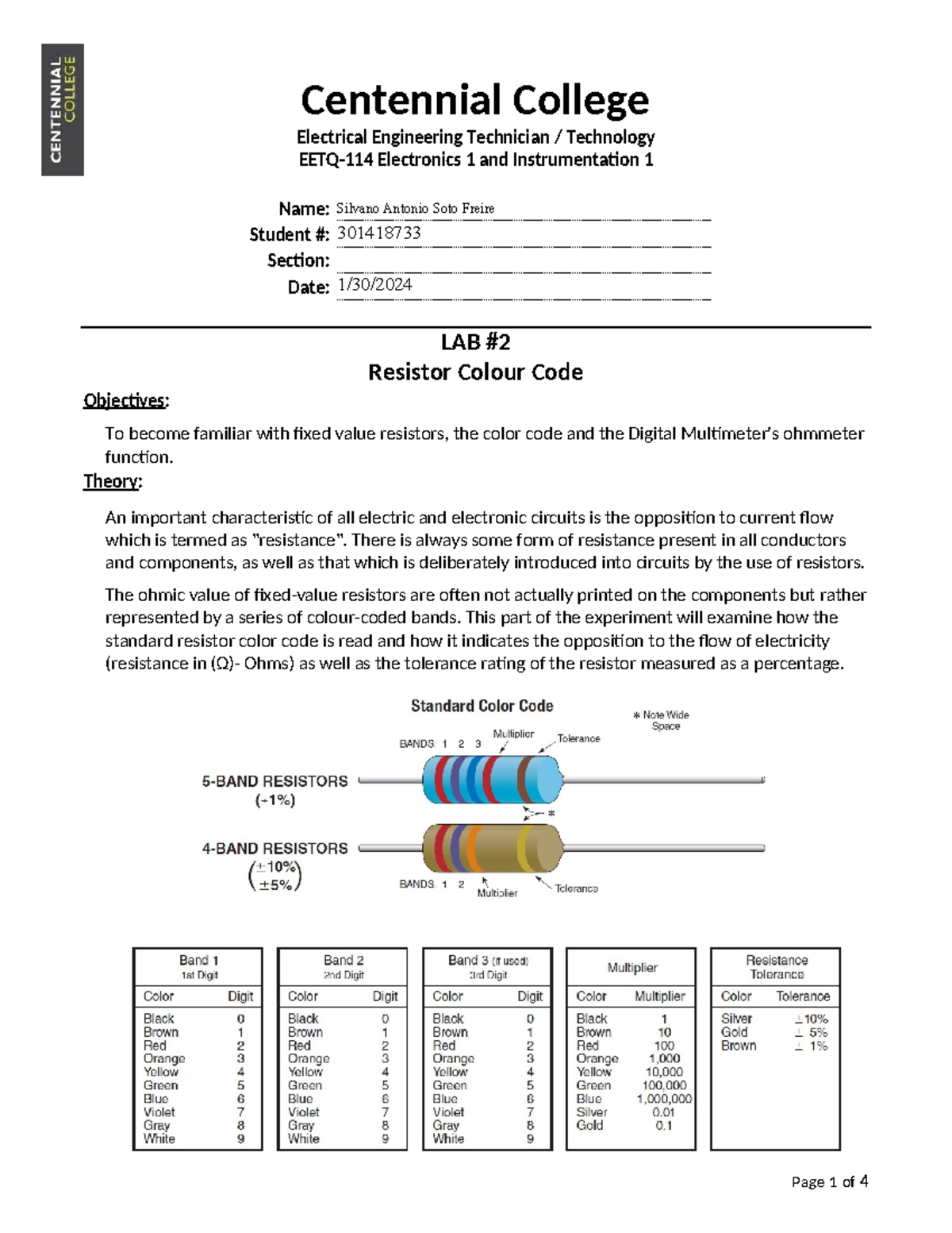 EETQ 114 Lab 2 - Resistor Colour Code - Objectives: Centennial College ...