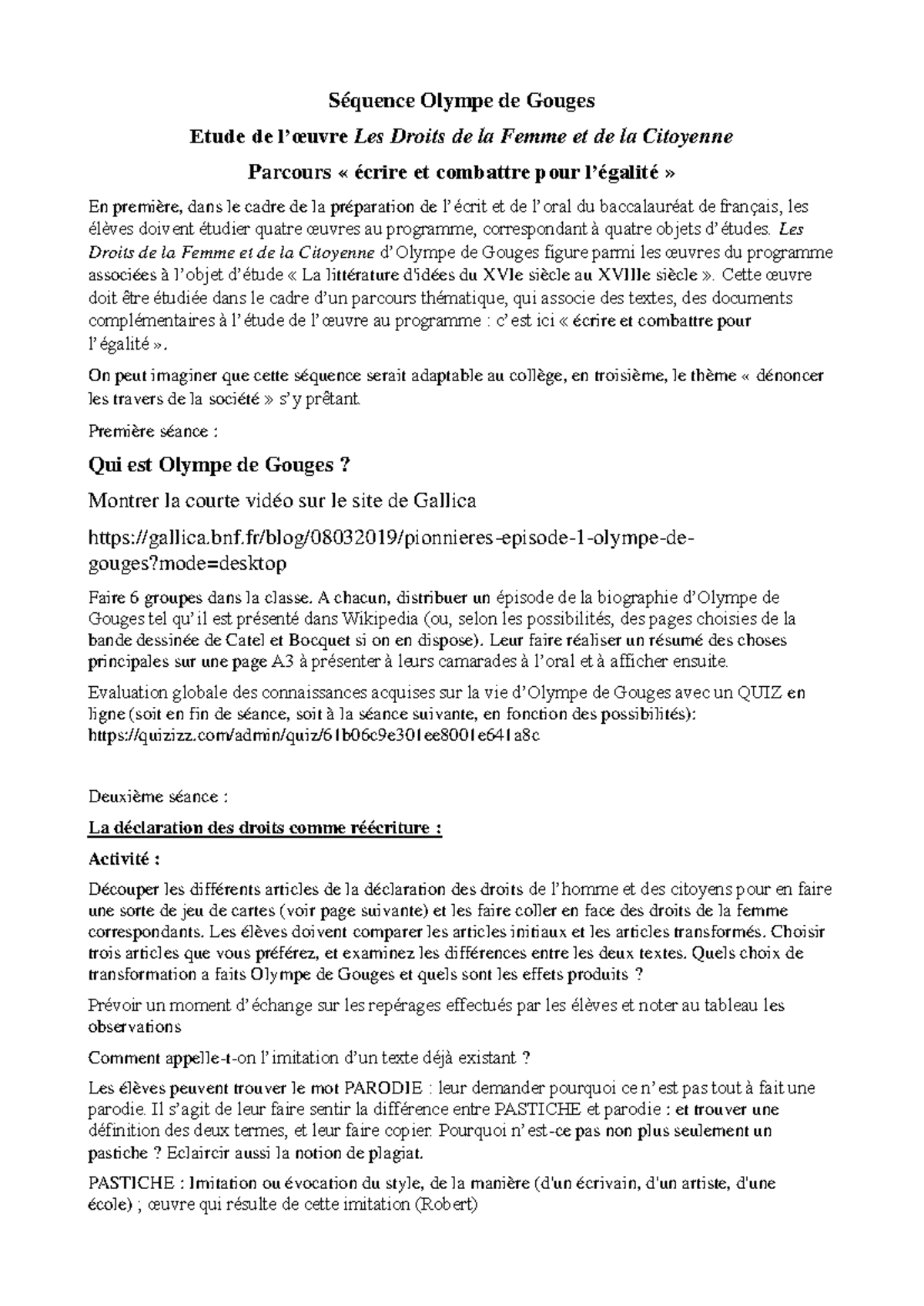 Analyse oeuvre olympes de gouges - Séquence Olympe de Gouges Etude de l ...