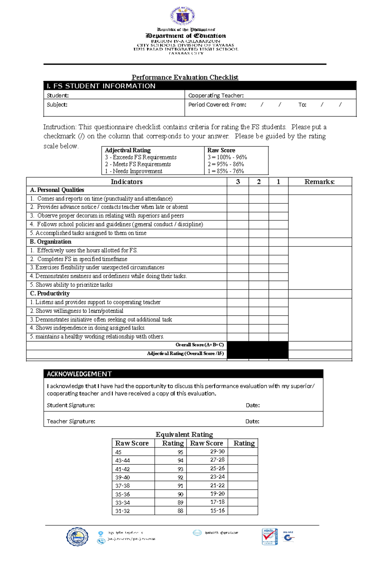 2Performance-Evaluation-Checklist - Performance Evaluation Checklist I ...