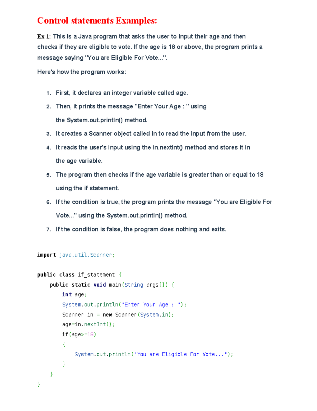 JAVA IF - rrrr - Control statements Examples: Ex 1: This is a Java ...