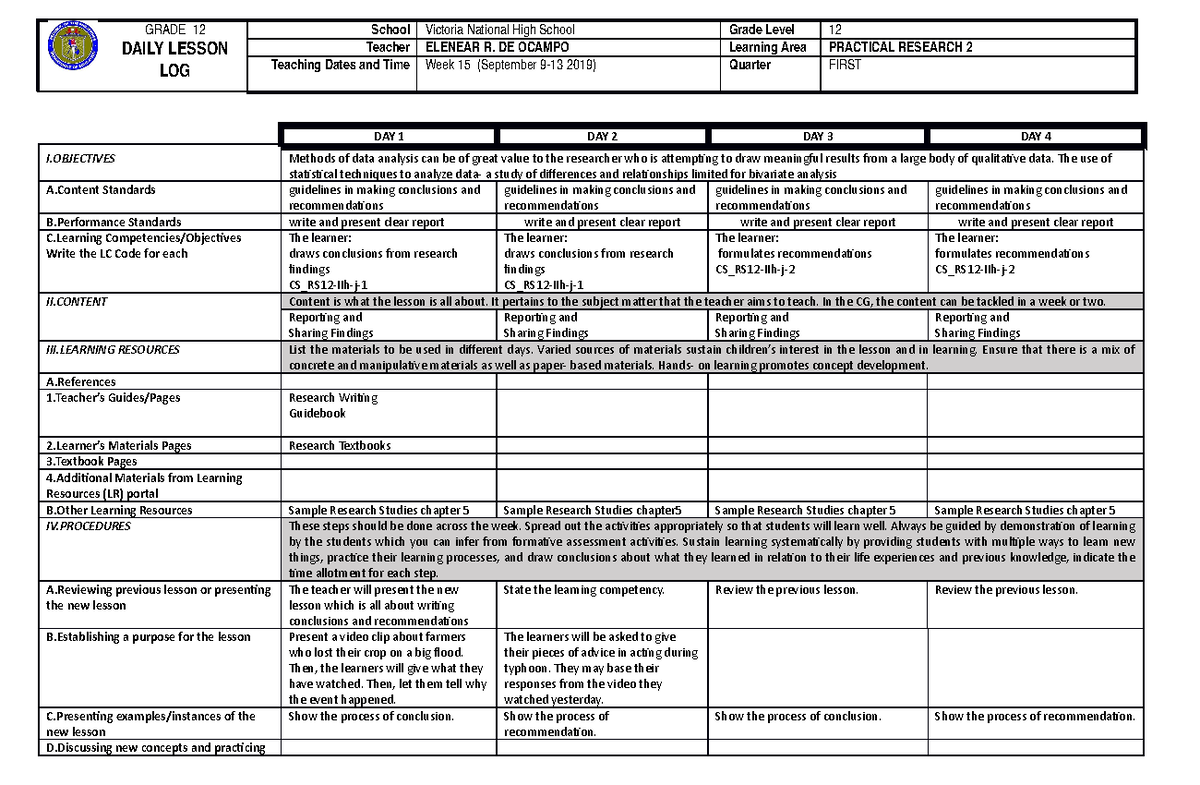 Week 15 sept 9-13 docx - practical research - GRADE 12 DAILY LESSON LOG ...