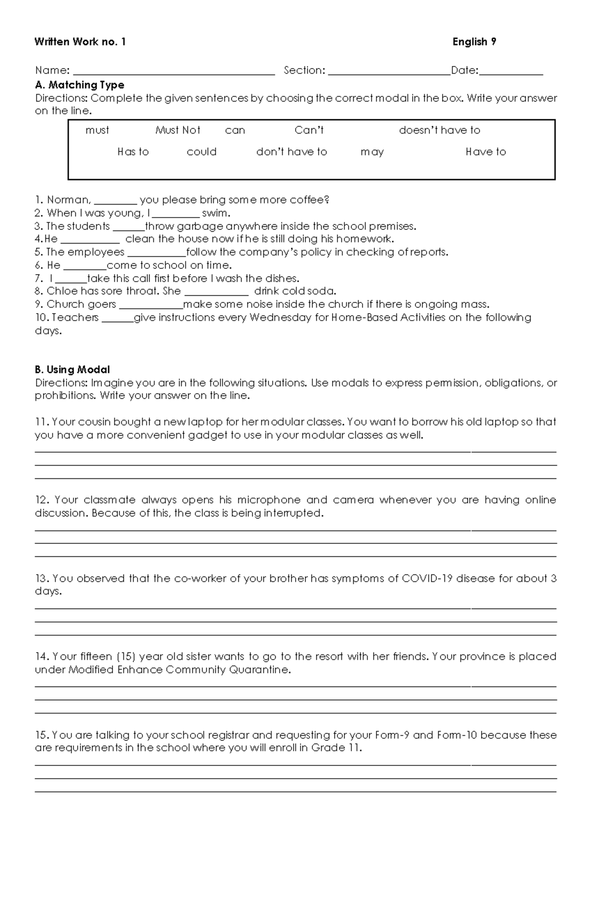 Written Work no1 - ENGLISH WORKS - Written Work no. 1 English 9 Name ...