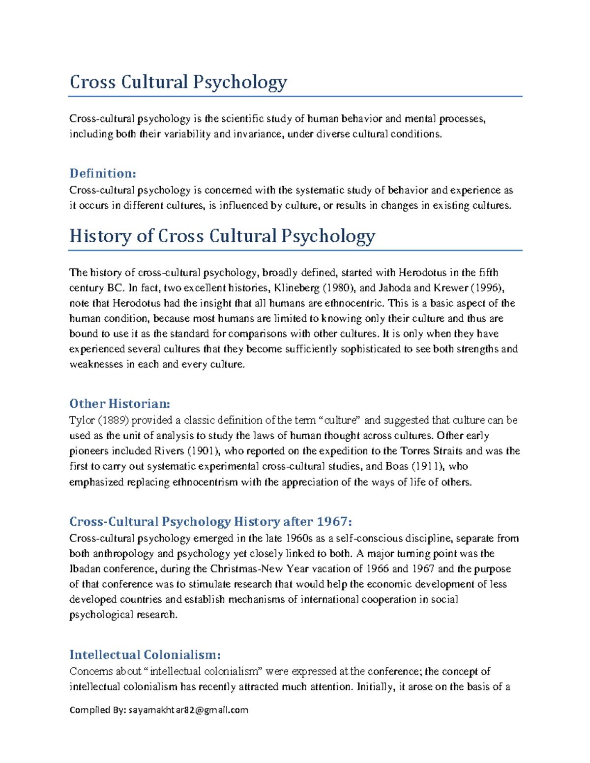 Cross Cultural Psychology - Compiled By: sayamakhtar82@gmail Cross ...