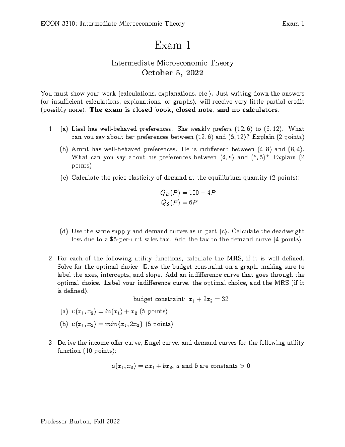 ECON 3310 practice exam 1 2023 c - ECON 3310: Intermediate Microeconomic Theory Exam 1 Exam 1 ...