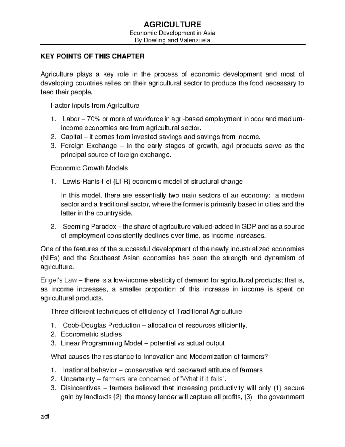 Agriculture Lecture Notes - Economic Development in Asia By Dowling and ...