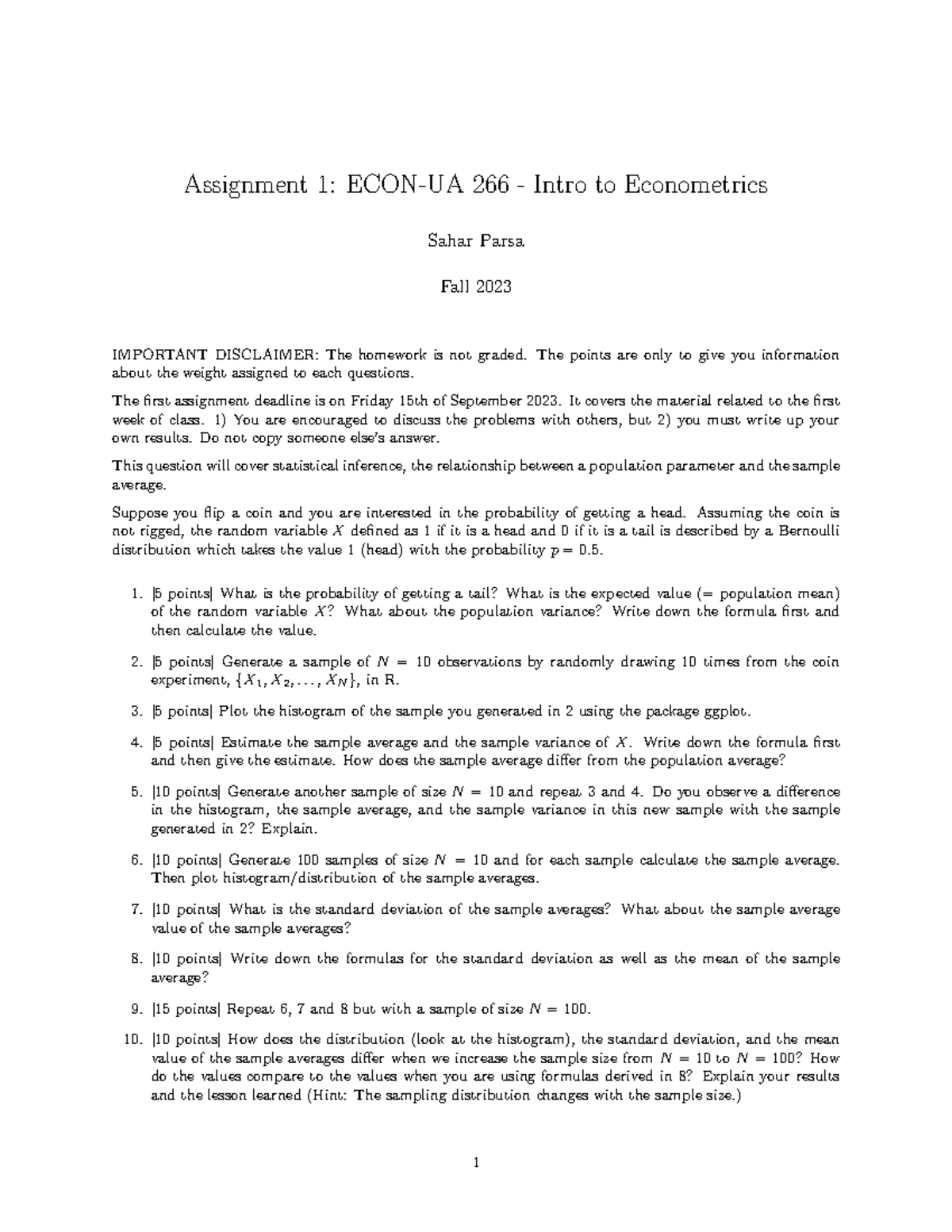 Assignment 1 - eocnomi - Assignment 1: ECON-UA 266 - Intro to Econometrics Sahar Parsa Fall 2023 ...