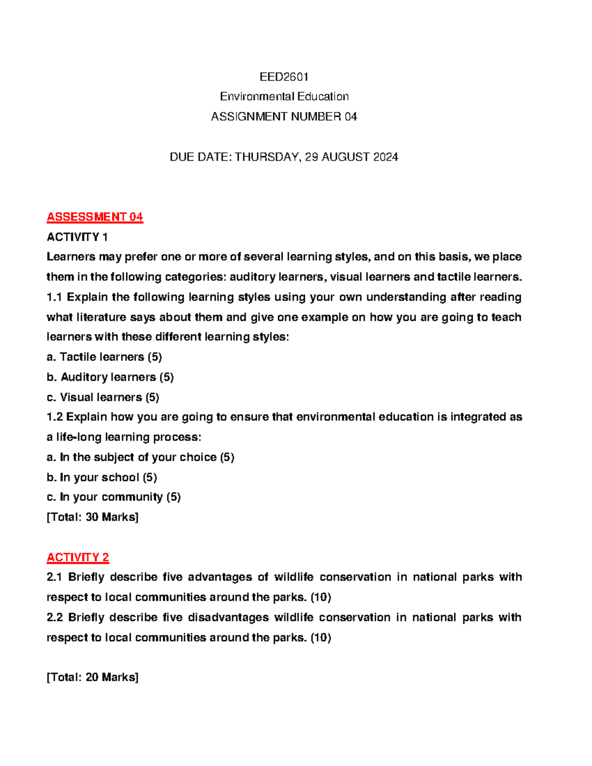 EED2601 assignment 4 2024 - EED Environmental Education ASSIGNMENT ...