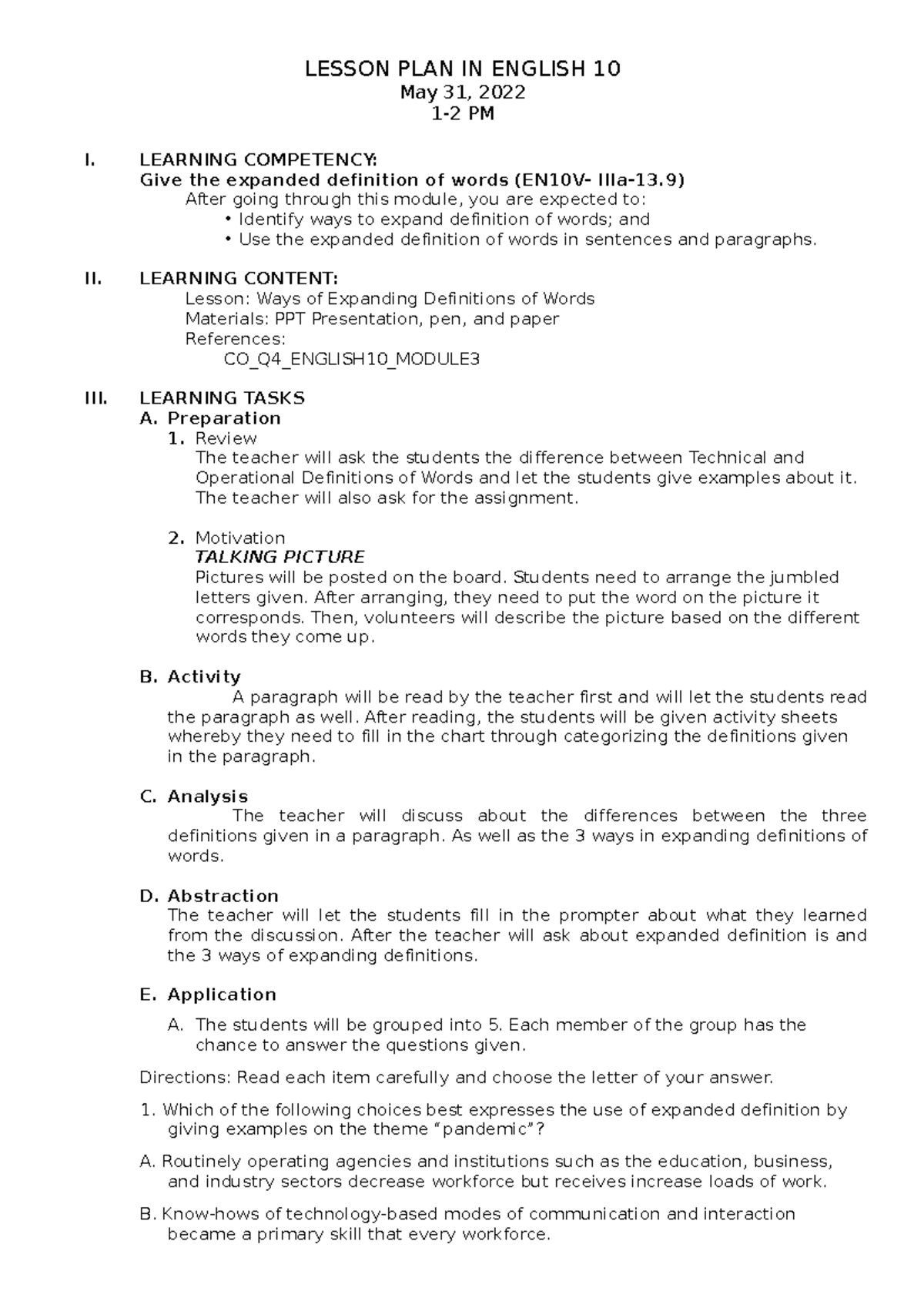 LP C2 2021-2022 - LESSON PLAN IN ENGLISH 10 May 31, 2022 1-2 PM I ...