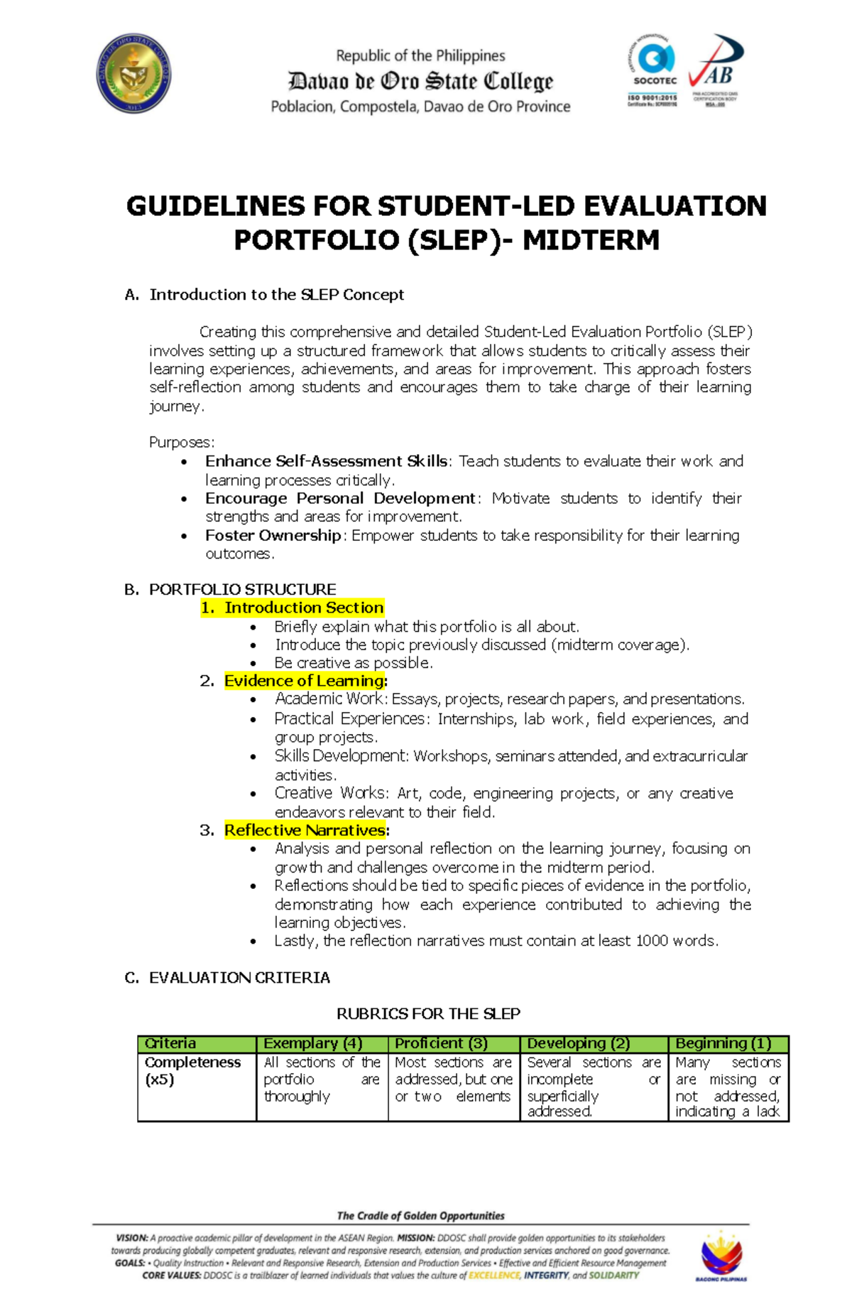 Guidelines Rubrics for the SLEP Midterm - GUIDELINES FOR STUDENT-LED ...