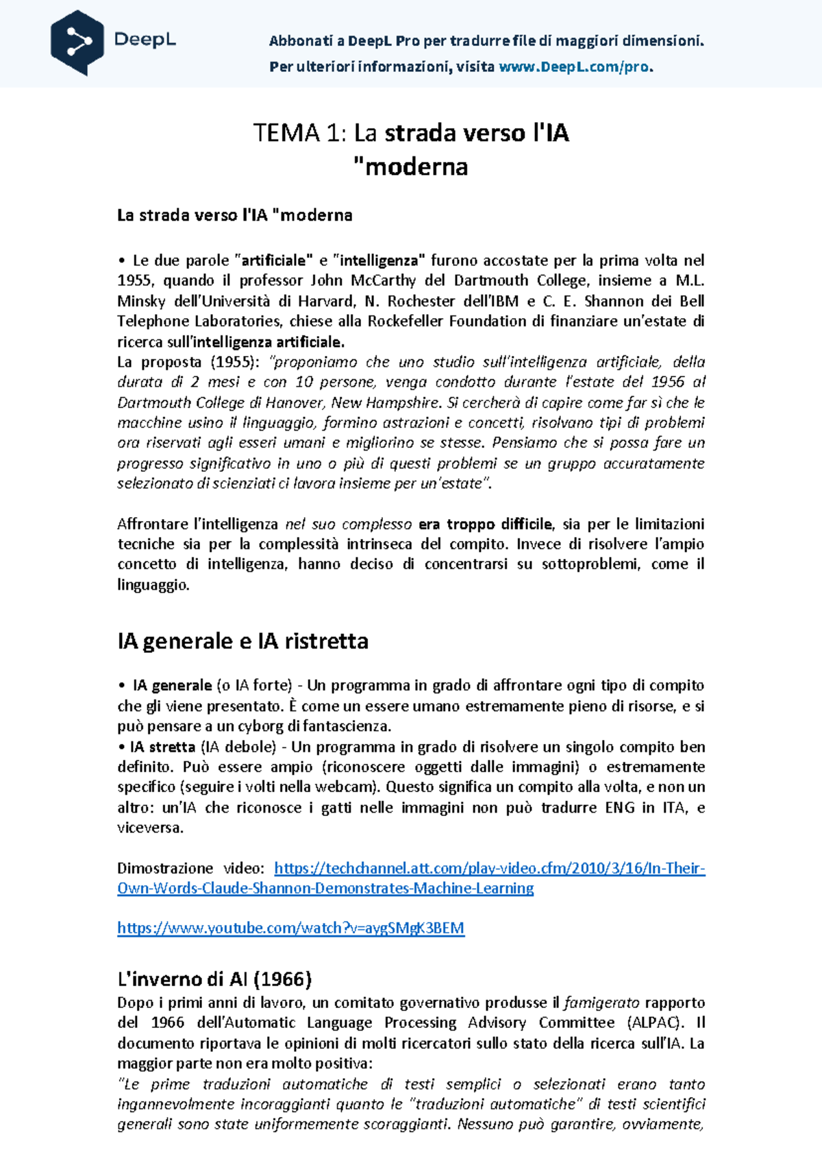 Lezione 2 (italiano) - LEZIONE 2 TEMA 1: La strada verso l'IA "moderna ...