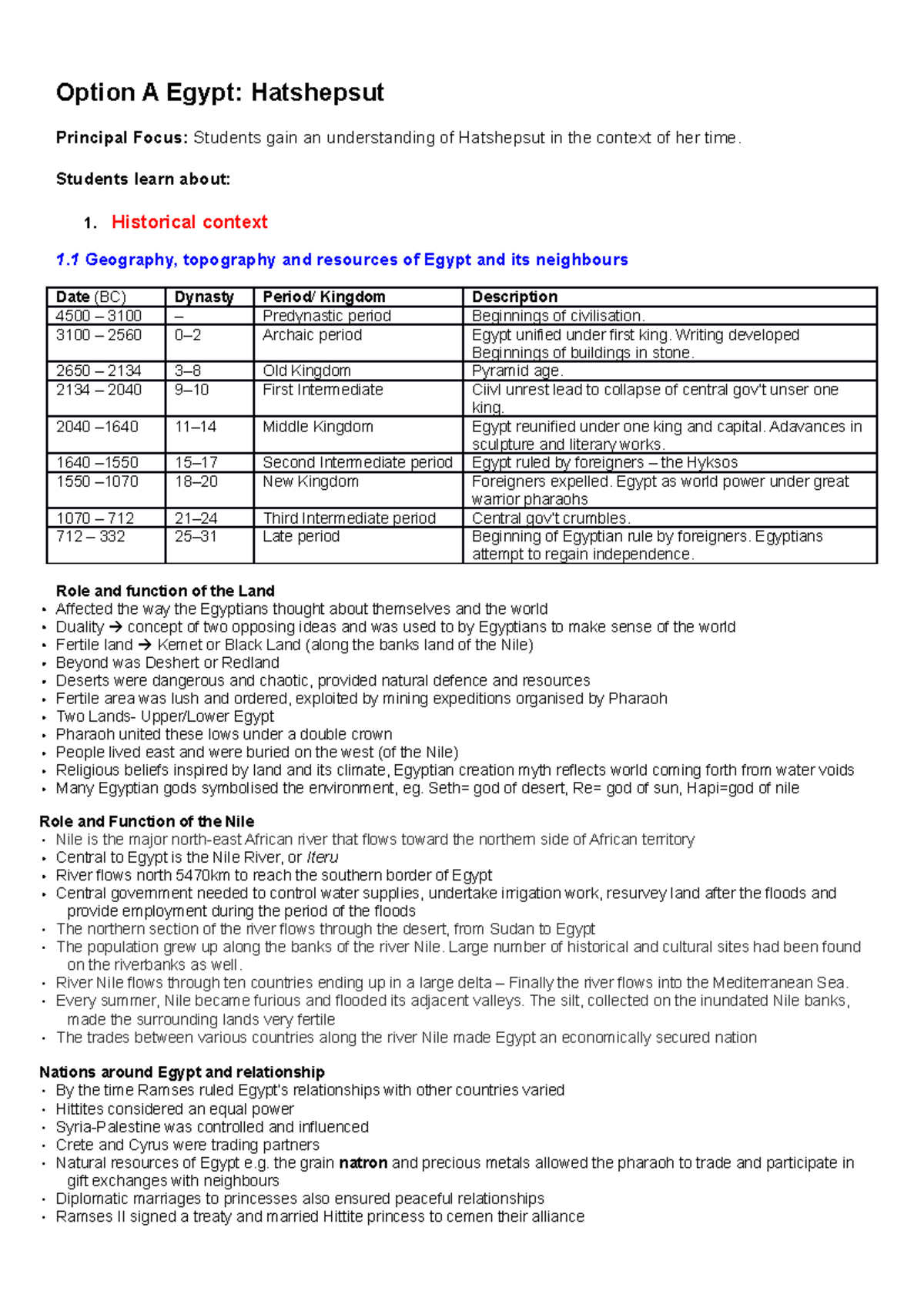 Ancient History Notes - Option A Egypt: Hatshepsut Principal Focus ...
