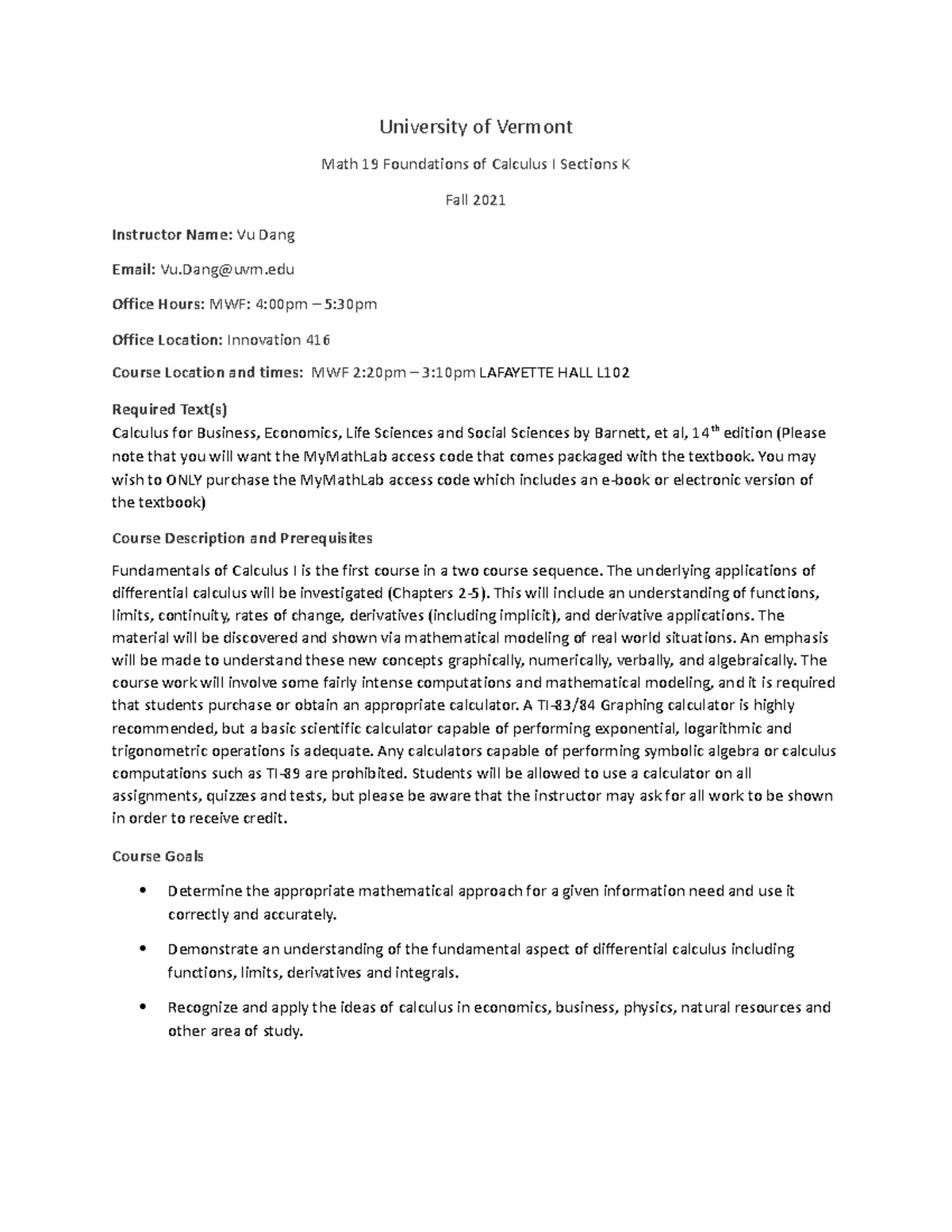 Syllabus - fmfm - University of Vermont Math 19 Foundations of Calculus ...