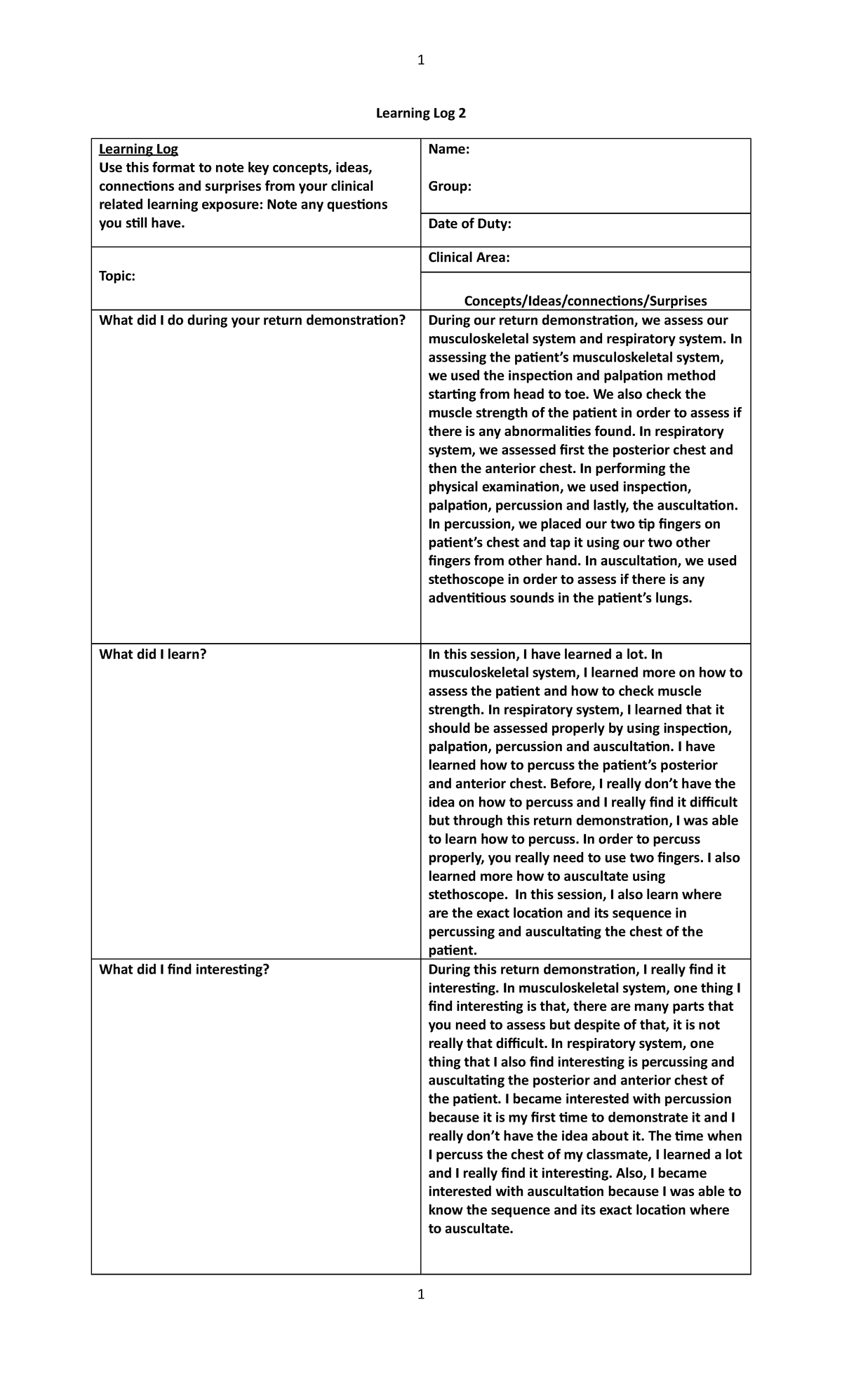 Learning Log 2 - Name: Group: Date of Duty: Clinical Area: Topic ...