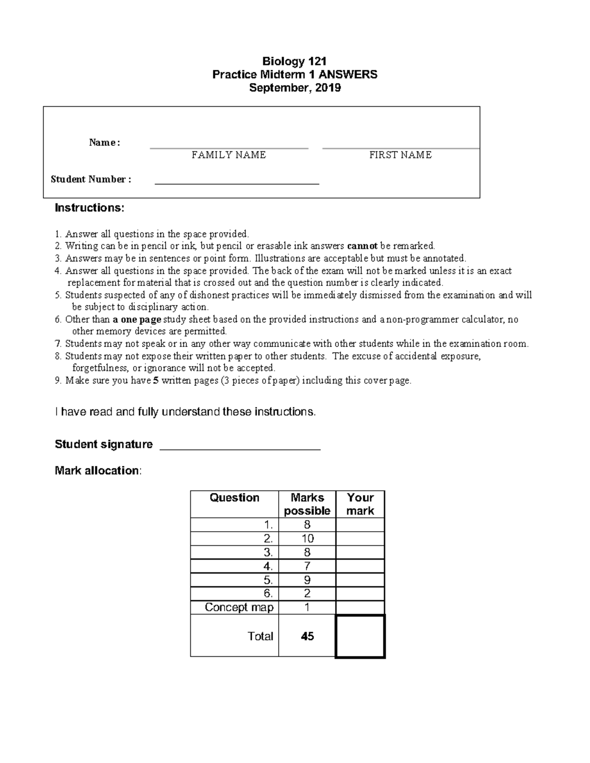 Practice Midterm 1 Answers Biology 121 Practice Midterm 1 Answers September 2019 Instructions