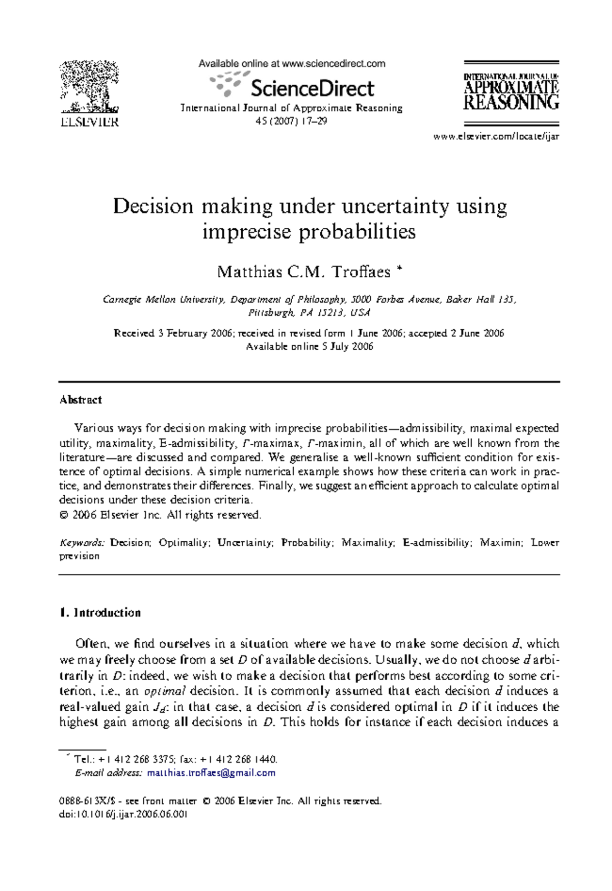 Probability AND Decision Making Under Uncertainty - Decision making under uncertainty using ...