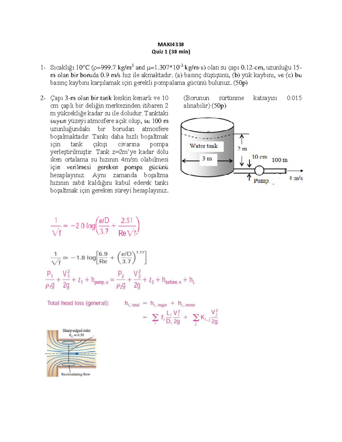 MAKI4330 Thermo-Fluid Systems-Quiz1-turkce - Warning: TT: undefined function: 32 MAKI Quiz 1 (30 ...