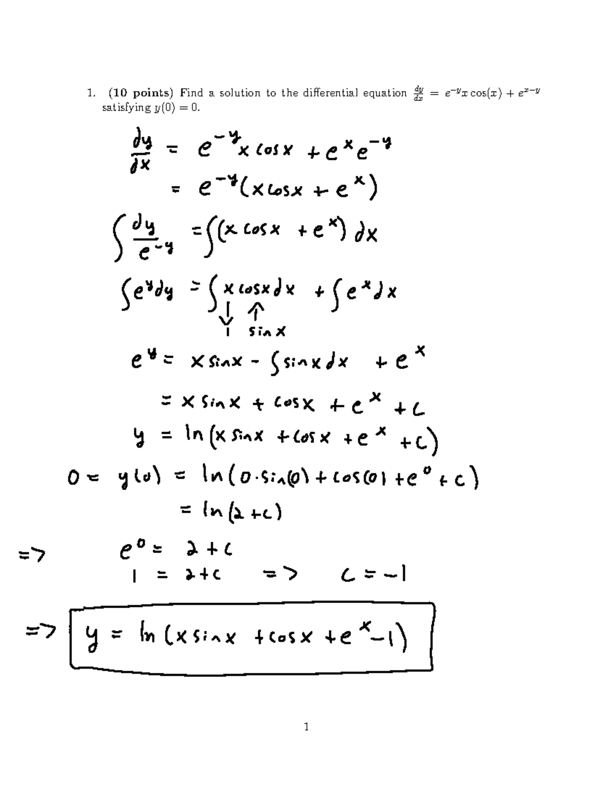 156 Midterm R1 - long answer - solutions - (10 points) Find a solution to the differential ...