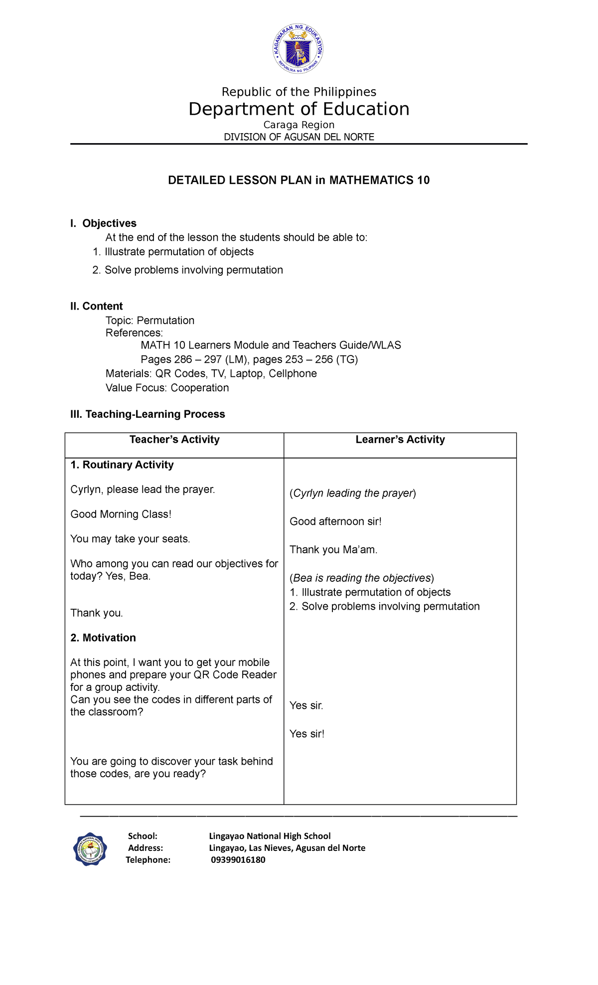 Detailed lesson Plan in Mathematics 10 1 - Department of Education ...