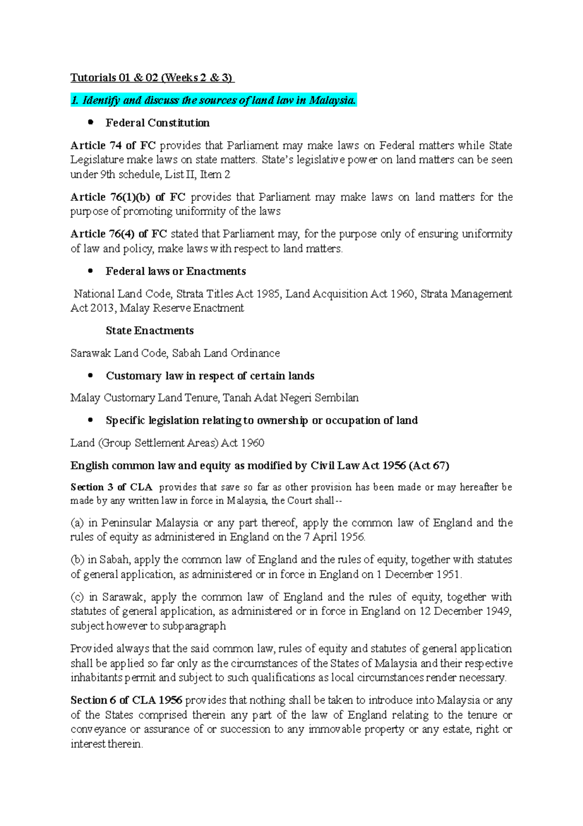 Tutorials 01 - land law I tutorial question and answer for references only - Tutorials 01 & 02 ...