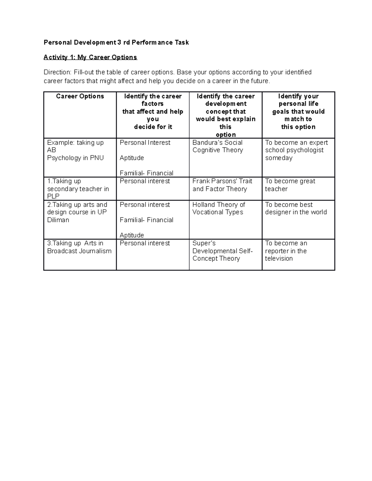 Personal Development 3 rd Performance Task - Base your options ...