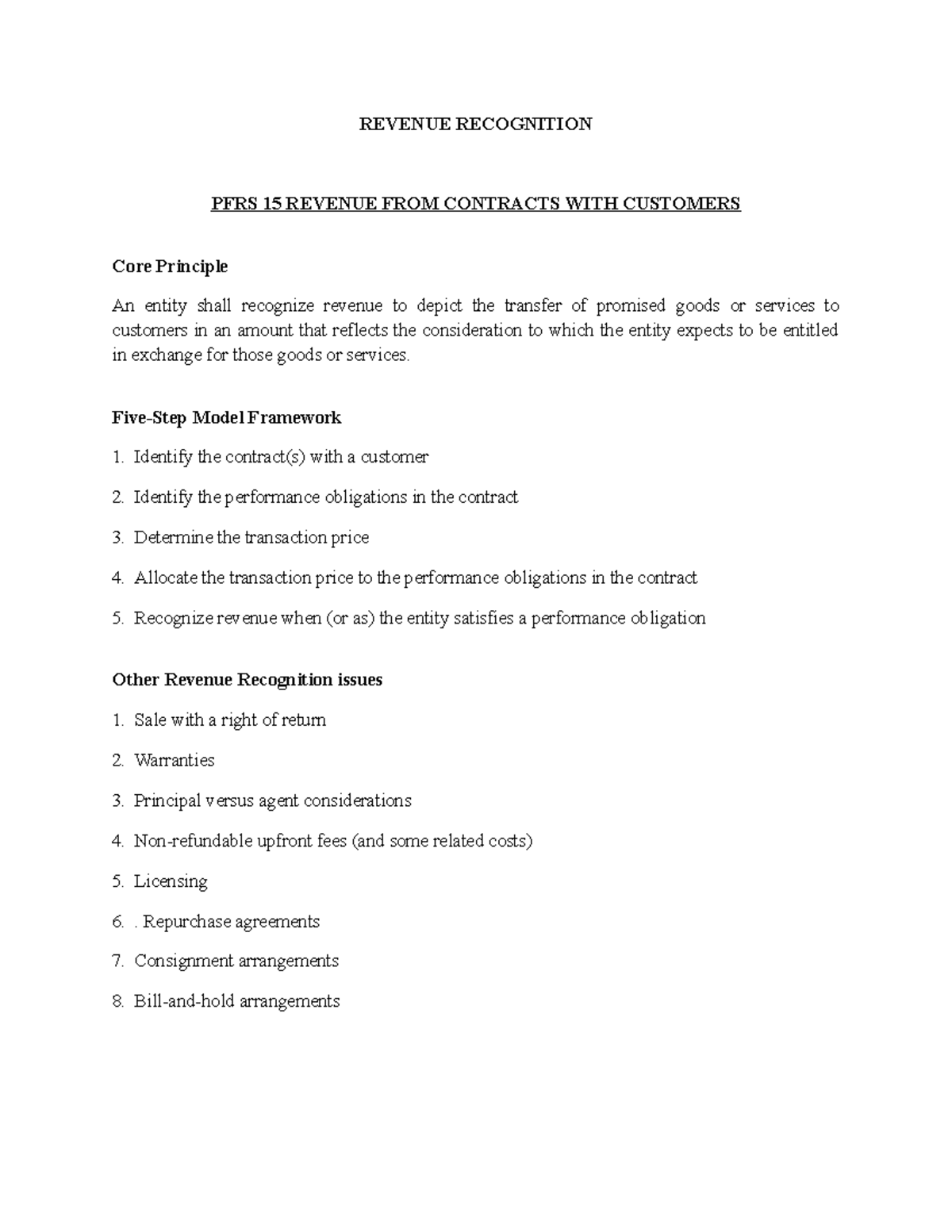 Revenue FROM Contracts WITH Customer - REVENUE RECOGNITION PFRS 15 REVENUE FROM CONTRACTS WITH ...